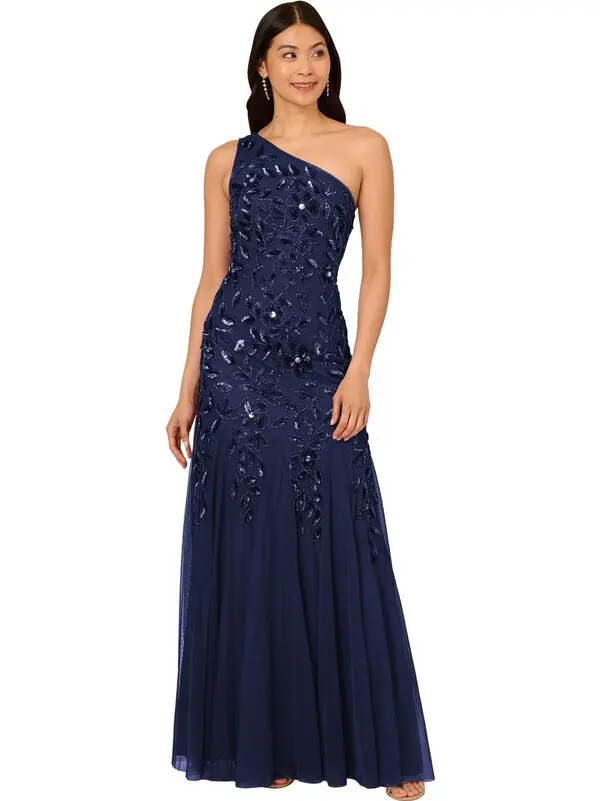 Adrianna Papell Floral Beaded One Shoulder Mermaid Gown - Light Navy