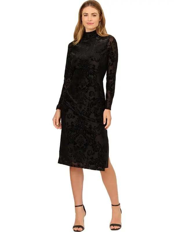 Adrianna Papell Damask Burnout Velvet Midi Dress - Black