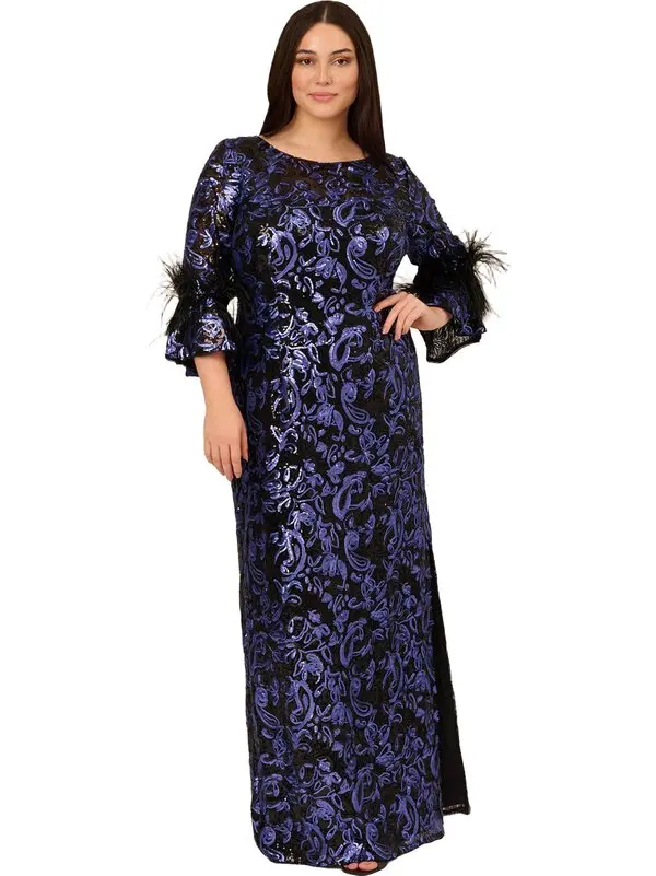 Adrianna Papell Sequin Embroidered Gown - Black/blue