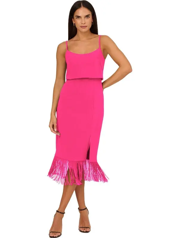 Adrianna Papell Crepe Popover Midi Dress With Fringe Trim - Lipstick