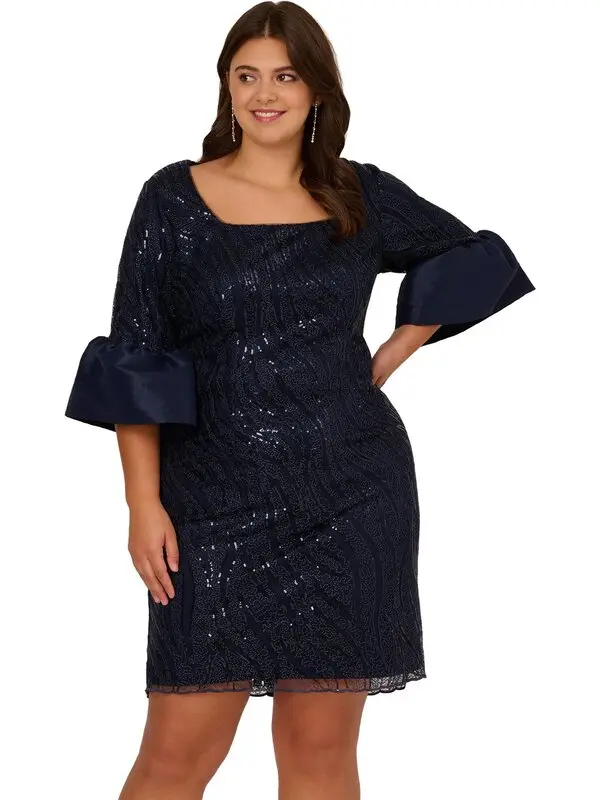 Adrianna Papell Sequin Embroidered Dress With Taffeta Bell Sleeves - Midnight
