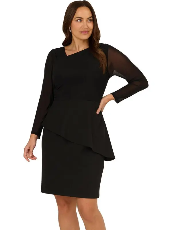 Adrianna Papell Long Sleeve Asymmetrical Peplum Sheath Dress - Black