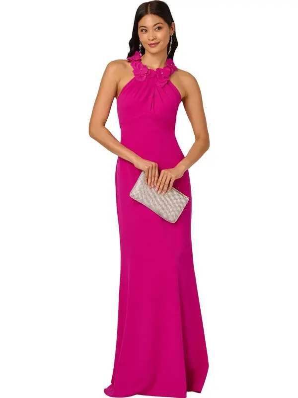 Adrianna Papell Floral Embellished Crossover Halter Gown - Pink Flambe