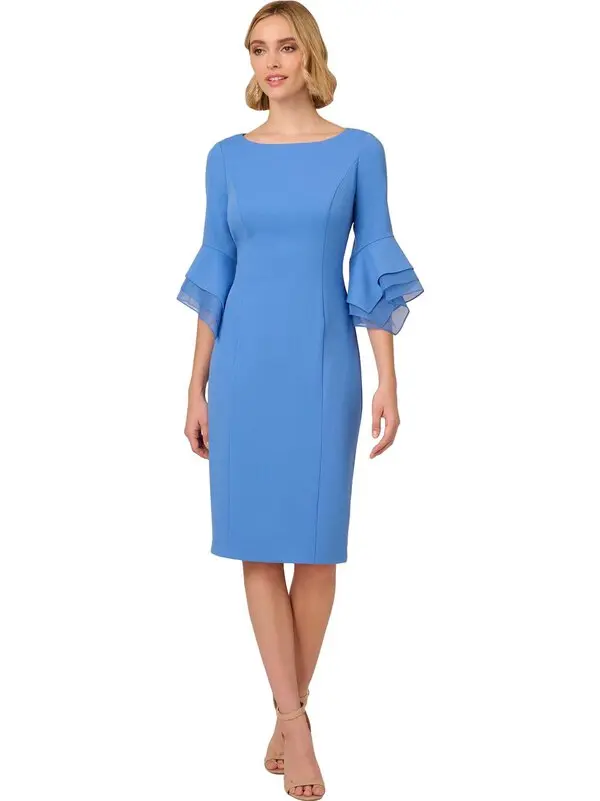 Adrianna Papell Knit Crepe Sheath Dress With Tiered Three Quarter Sleeves - Cool Water