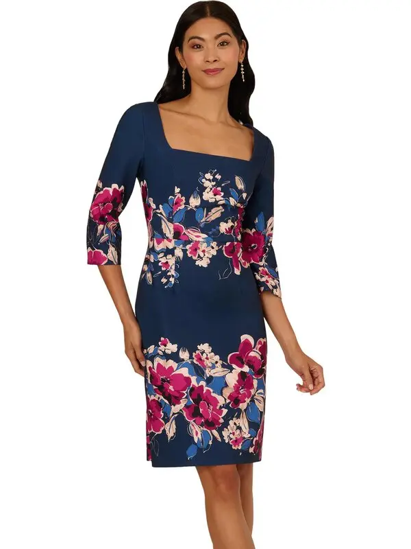 Adrianna Papell Floral Print Sheath Dress With 3/4 Sleeves - Navy/pink Multi