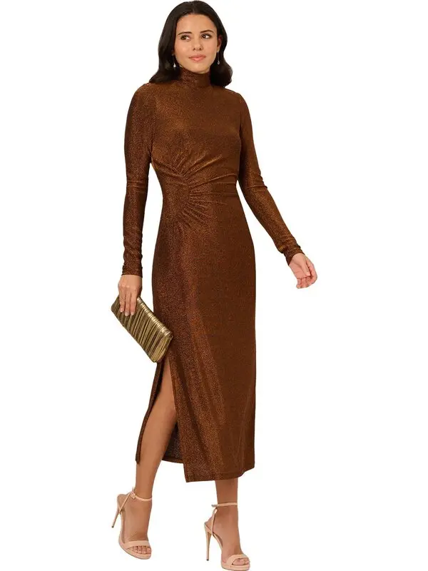 Adrianna Papell Long Sleeve Shimmer Knit Midi Dress - Bronze/black