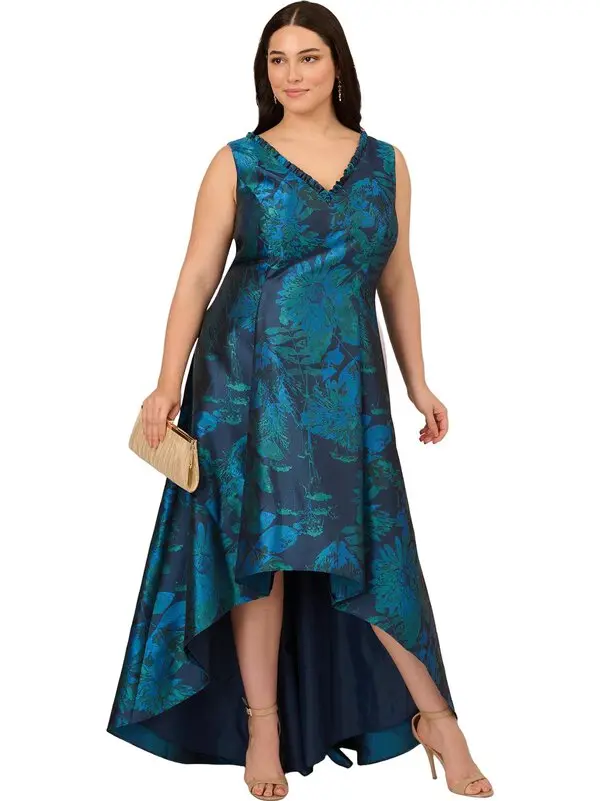 Adrianna Papell Ruffle Floral Jacquard High Low Gown - Cobalt Multi