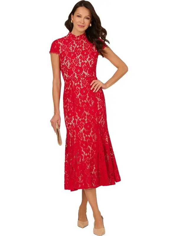 Adrianna Papell Cap Sleeve Lace Midi Dress - Red/nude