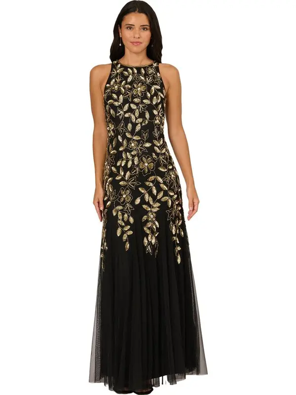 Adrianna Papell Sleeveless Floral Beaded Godet Gown - Black/gold