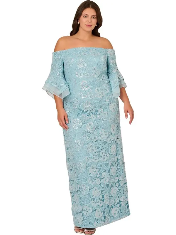 Adrianna Papell Off-the-shoulder Bell Sleeve Sequin Lace Gown - Airy Aqua