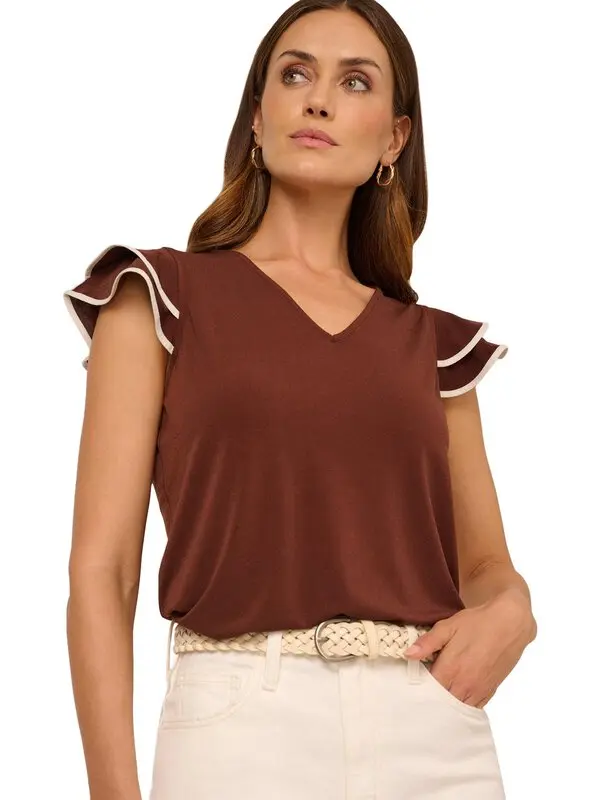 Adrianna Papell Flutter Sleeve Contrast Tipped Top - Shaved Chocolate/ecru