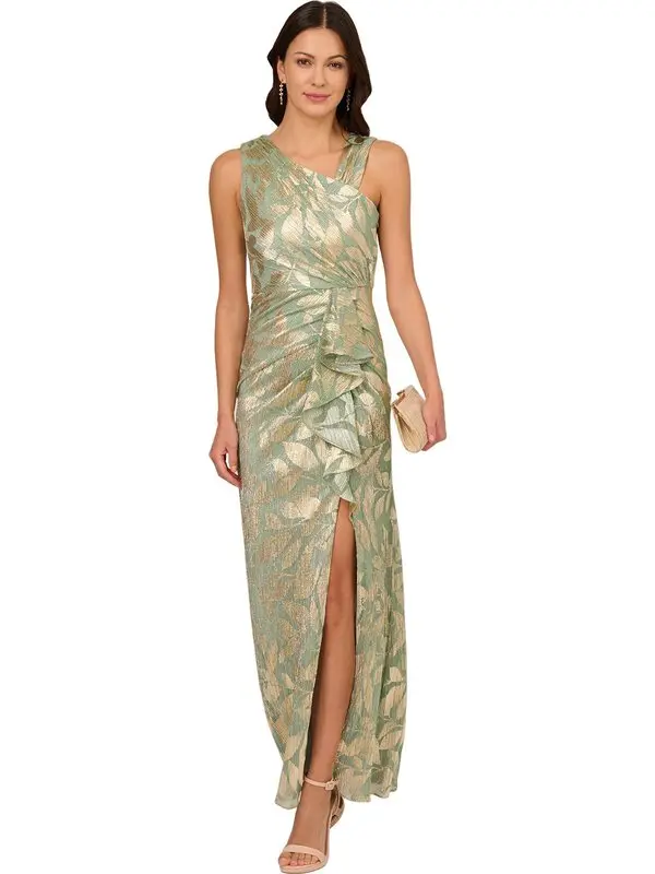 Adrianna Papell Foil Printed Asymmetric Gown With Ruffled Detail - Sage/gold