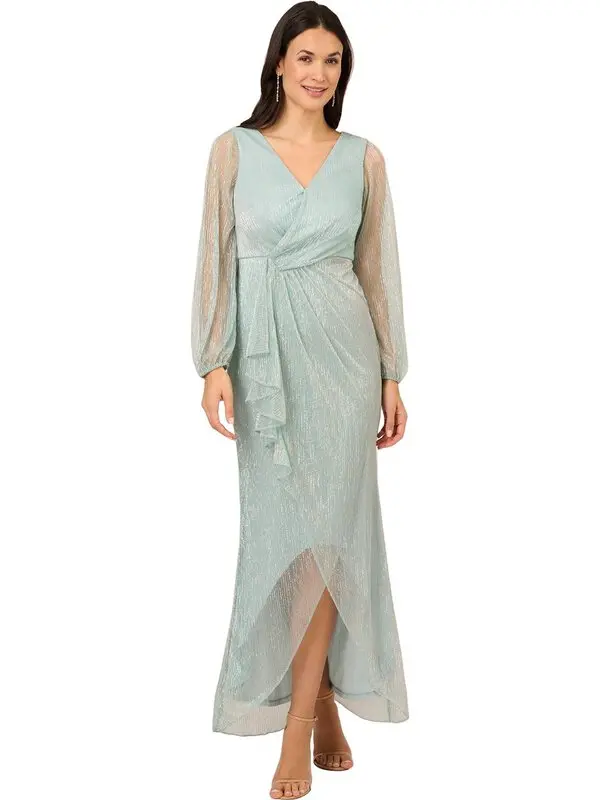 Adrianna Papell Crinkle Metallic Gown With Bishop Sleeves - Mint Smoke