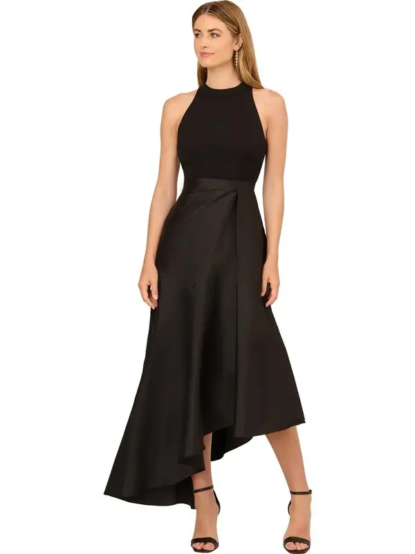 Adrianna Papell Sleeveless Asymmetrical Draped Taffeta Combo Gown - Black
