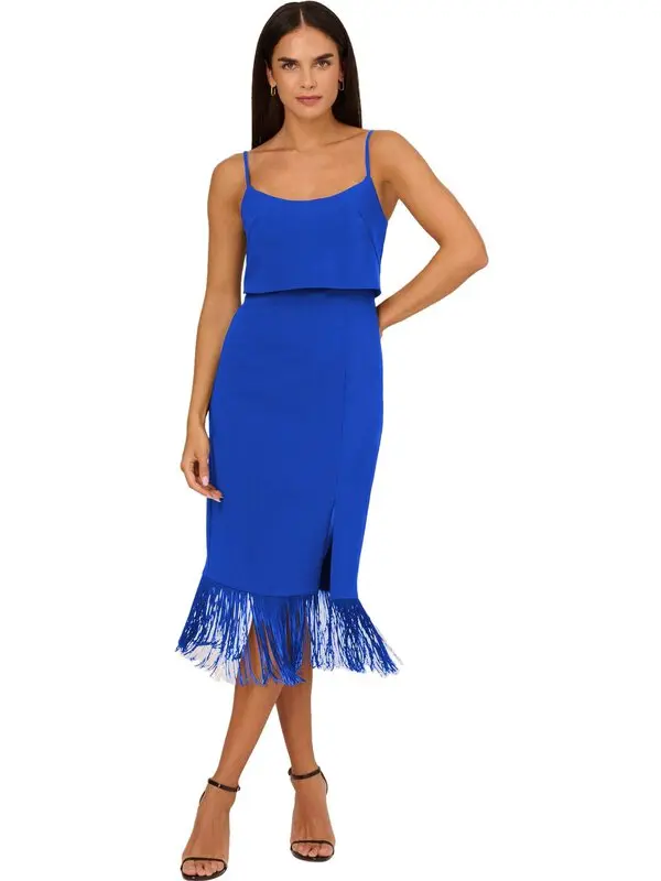 Adrianna Papell Crepe Popover Midi Sheath Dress With Fringe Trim - Royal Sapphire