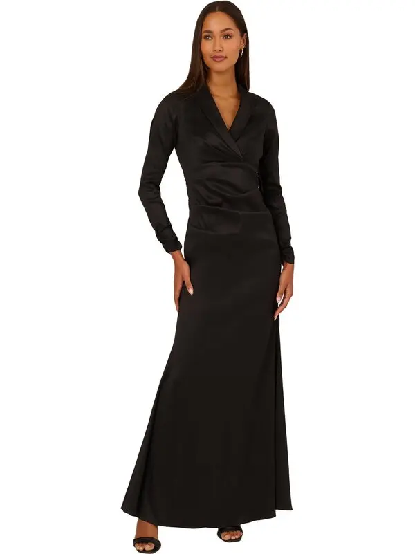 Adrianna Papell Long Sleeve Taffeta Tuxedo Gown - Black
