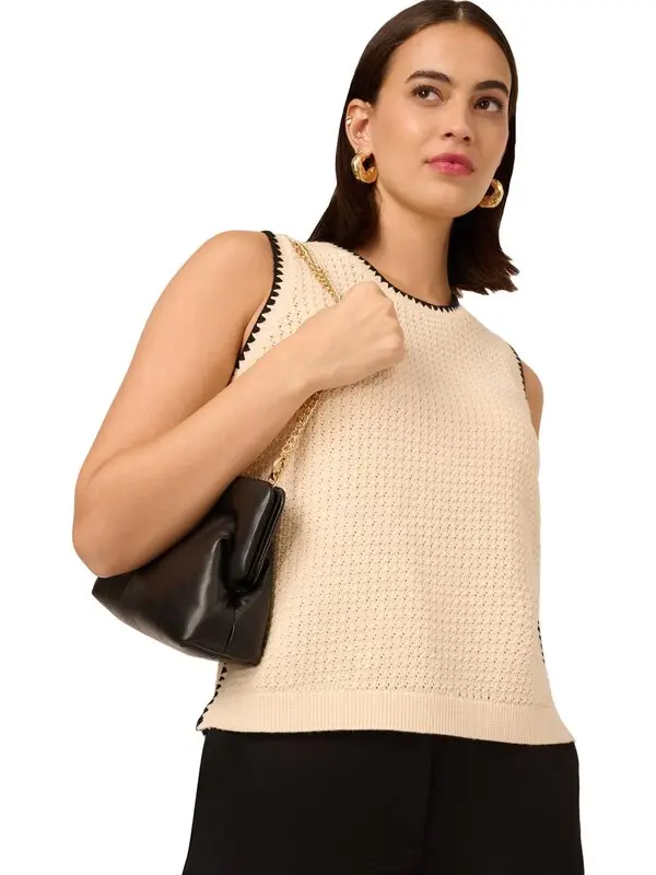 Adrianna Papell Sleeveless Open Knit Sweater Top - Cream/black