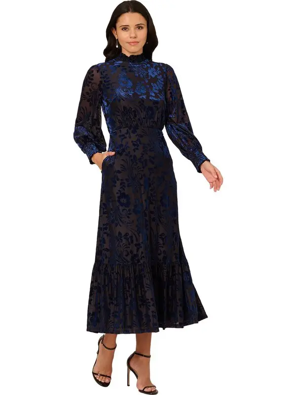 Adrianna Papell Floral Velvet Burnout Midi Dress - Light Navy