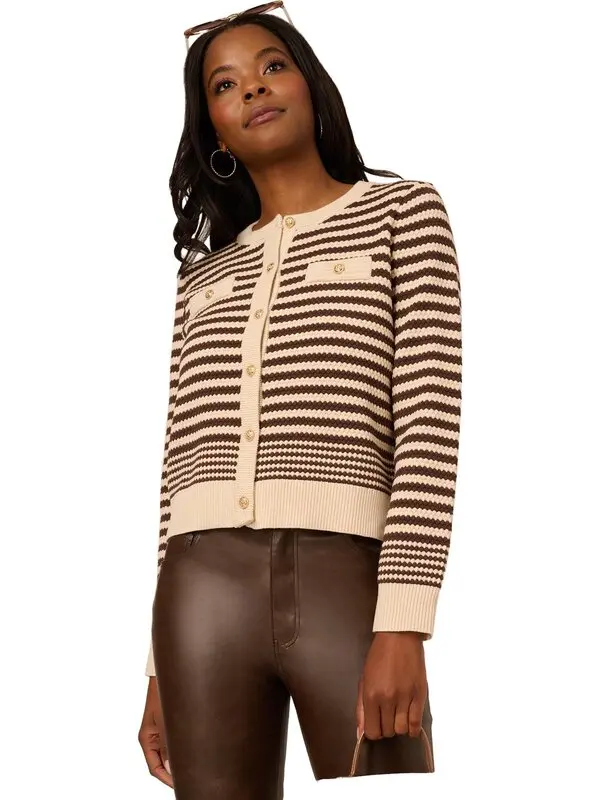 Adrianna Papell Crew Neck Striped Pointelle Cardigan - Cream/dark Brown