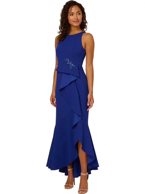 Adrianna Papell Bead Accent Crepe Halter Gown - Royal Sapphire