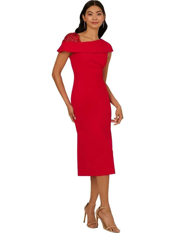 Adrianna Papell Sequin Shoulder Crepe Midi Sheath Dress - Red