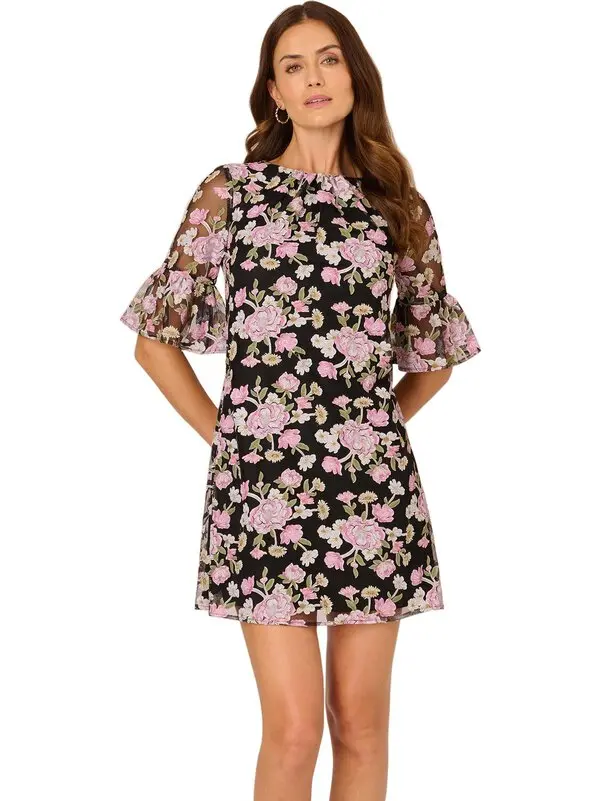 Adrianna Papell Bell Sleeve Floral Embroidered Mini Dress - Black Multi