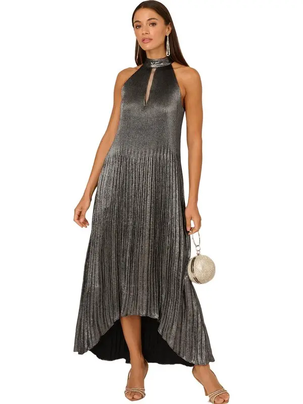 Adrianna Papell Pleated Metallic High-low Halter Maxi Dress - Gunmetal/black