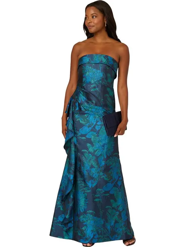 Adrianna Papell Strapless Draped Floral Jacquard Gown - Cobalt Multi