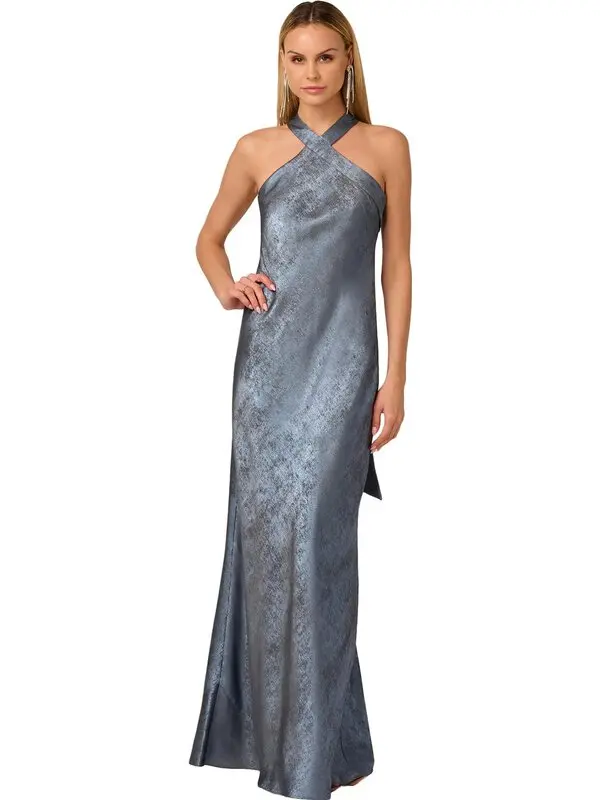 Adrianna Papell Foiled Mermaid Gown With Halter Neckline - French Blue