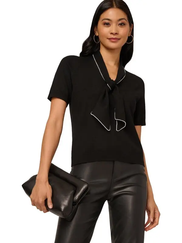 Adrianna Papell Short Sleeve Pearly Tie Neck Knit Top - Black