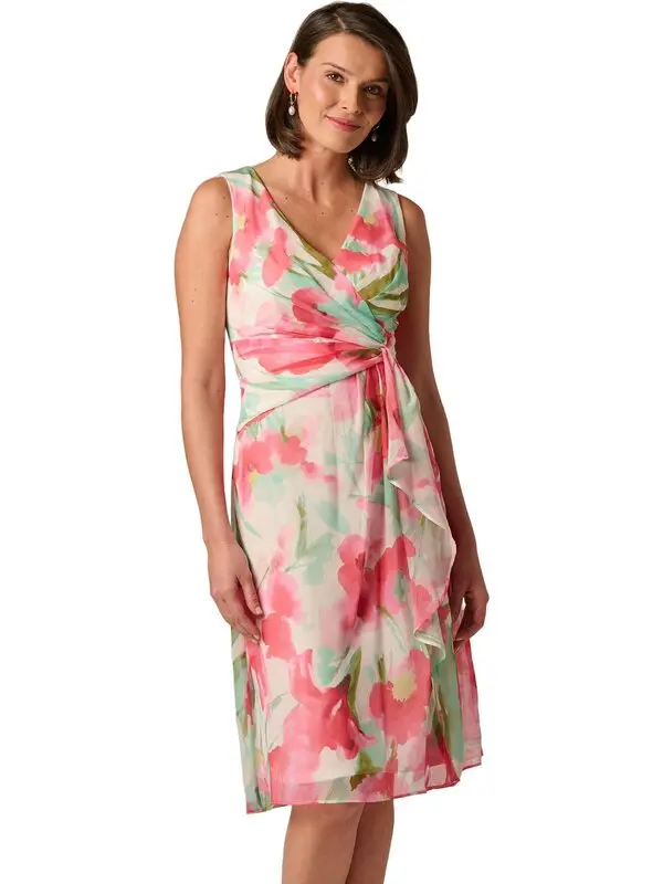 Adrianna Papell Sleeveless Draped Floral Chiffon Midi Sheath Dress - Coral/green Multi