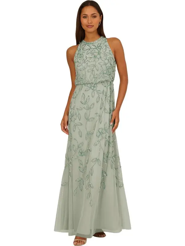 Adrianna Papell Sleeveless Blouson Mermaid Gown With Jasmine Beading - Aqua Dust