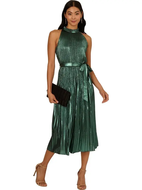 Adrianna Papell Halter Pleated Metallic Midi Dress - Green/black