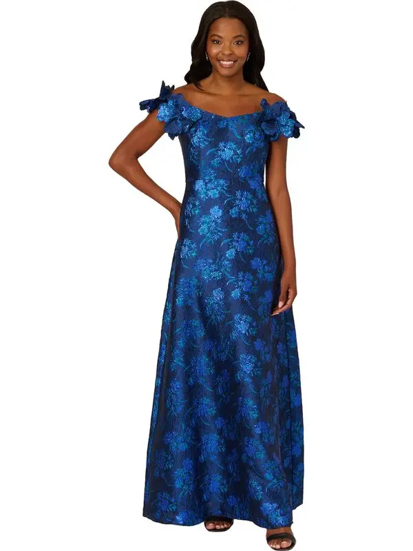 Adrianna Papell Off-shoulder Floral Jacquard A-line Gown - Navy/blue Multi