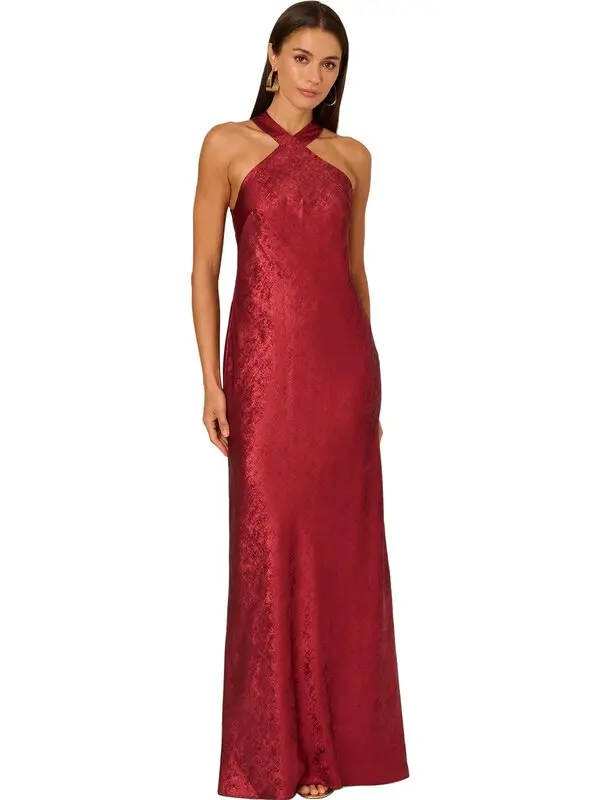 Adrianna Papell Foiled Mermaid Gown With Halter Neckline - Wine