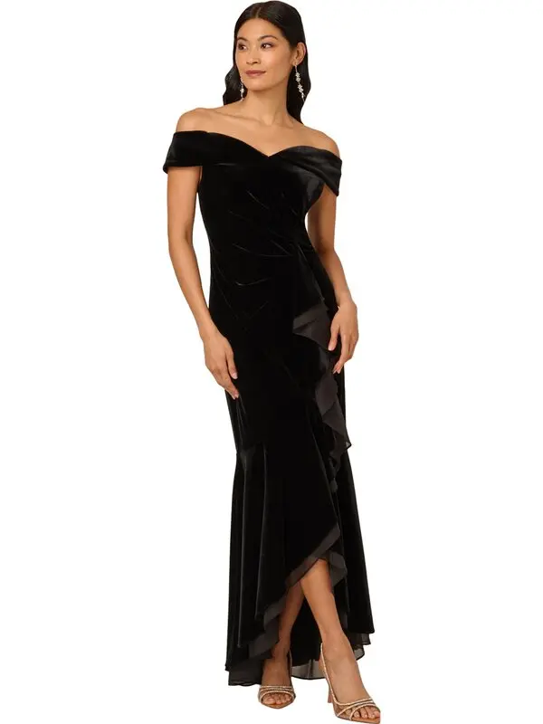Adrianna Papell Off-the-shoulder Velvet Mermaid Gown With Organza Ruffle - Black