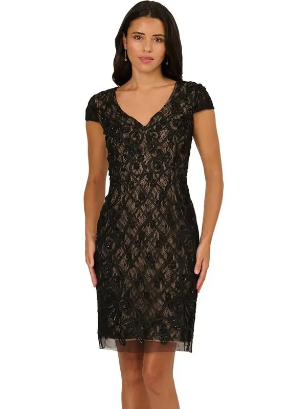 Adrianna Papell Soutache Lace Beaded Midi Dress - Black/nude