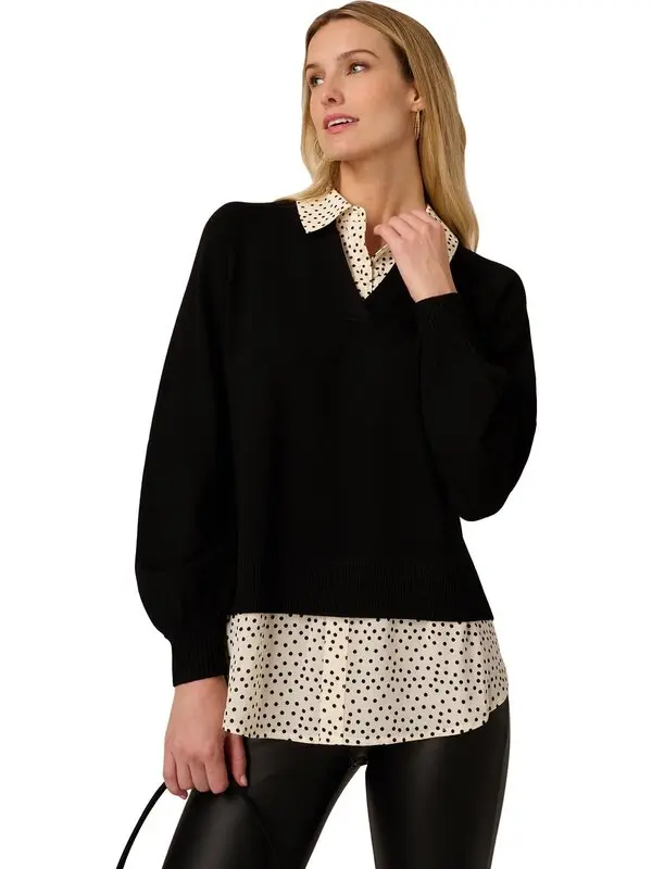 Adrianna Papell Collared Printed Layered Sweater - Black W/ Cream Abstract Dot