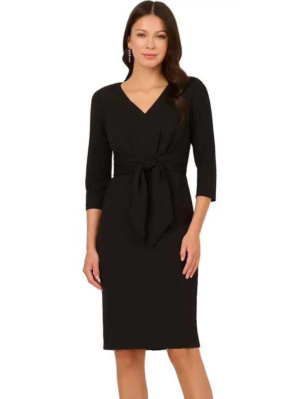 Adrianna Papell Pleated Tie Waist Midi Dress - Black