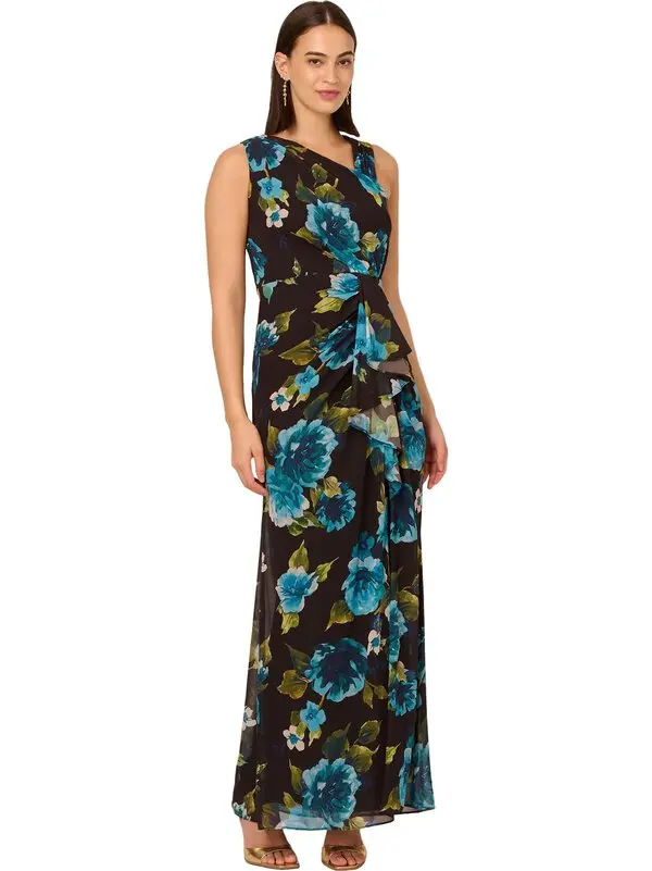 Adrianna Papell Asymmetrical Draped Floral Chiffon Gown - Black Multi