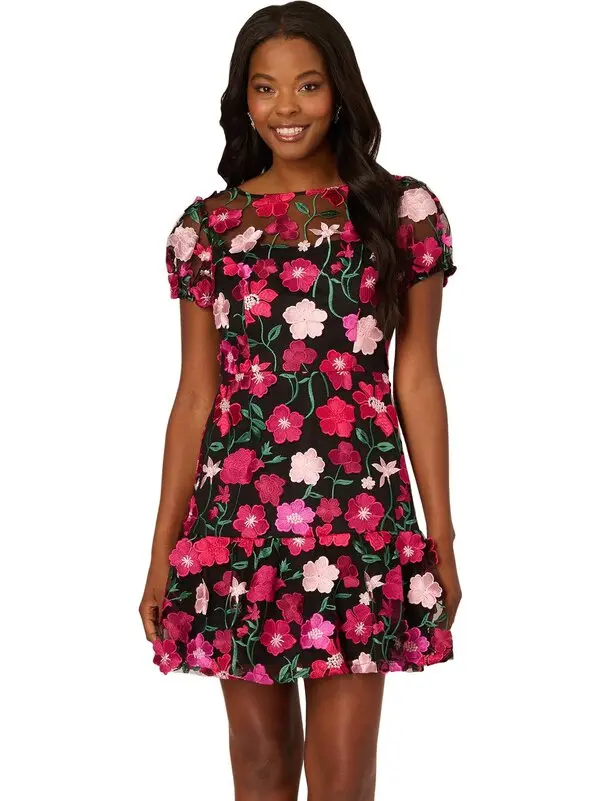 Adrianna Papell Floral Embroidered Flounce Hem Dress - Black/berry