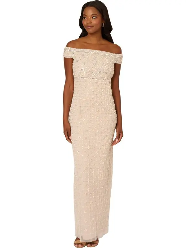 Adrianna Papell Off Shoulder Pearly Beaded Column Gown - Ivory/nude