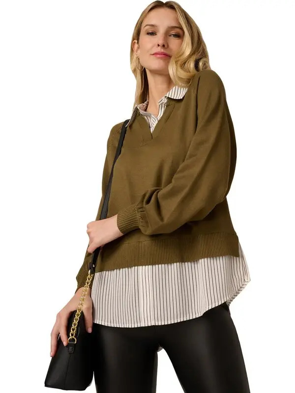 Adrianna Papell Collared Striped Layered Sweater - Oak Olive W/iv/blministripe
