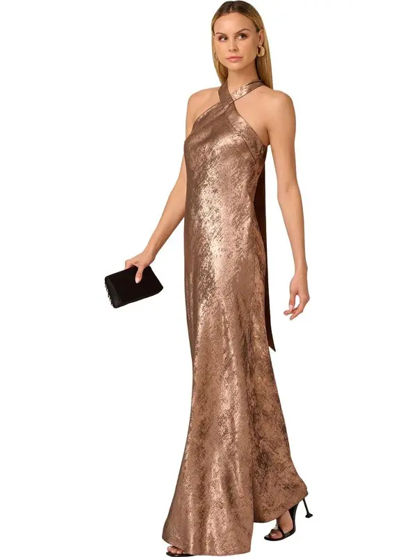 Adrianna Papell Foiled Mermaid Gown With Halter Neckline - Mocha