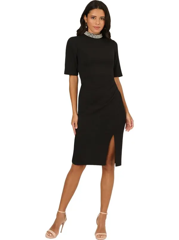 Adrianna Papell Embellished Short Sleeve Crepe Midi Sheath Dress - Black/ivory