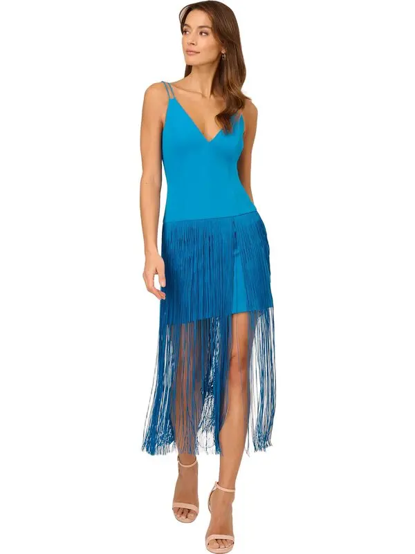 Adrianna Papell Crepe Fringe Dress With Spaghetti Straps And V-back - Deep Cerulean