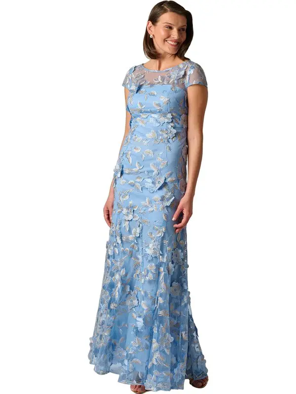 Adrianna Papell Cap Sleeve Floral Embroidered Illusion Godet Gown - Light Blue/gold