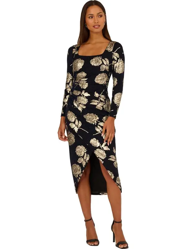Adrianna Papell Long Sleeve Stretch Metallic Floral Midi Dress - Navy/gold
