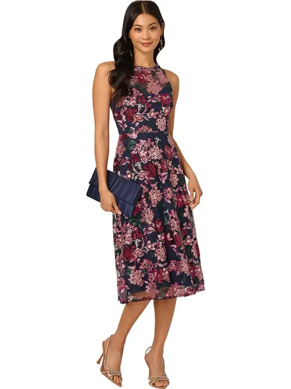 Adrianna Papell Sleeveless Illusion Sequin Midi Dress - Midnight Multi