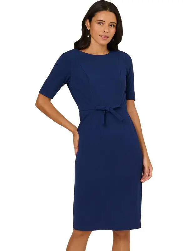 Adrianna Papell Short Sleeve Bow Waist Sheath Dress - Navy Sateen